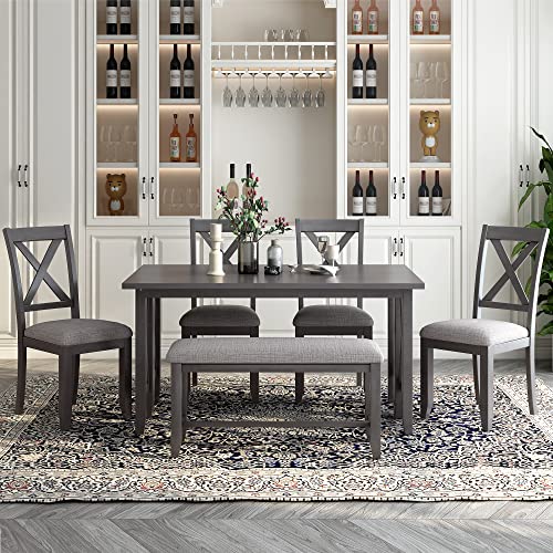 XD Designs 6-Piece Dining Room Table Set, Rustic Farmhouse Dining Room Foldable Table with 4 Upholstered Chairs & Bench, Solid Wood Kitchen Dining Room Set for 4-6 Persons (Gray 60in)