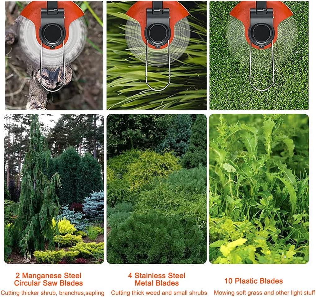 Cordless String Trimmer Weed Wacker Battery Powered 3 in 1Electric Weed Wacker with 2 Battery, Charger, 10 Plastic Blades, 4 Stainless Steel Blades, 2 Round Metal Saw Blades, and Wheels, 3.9lb