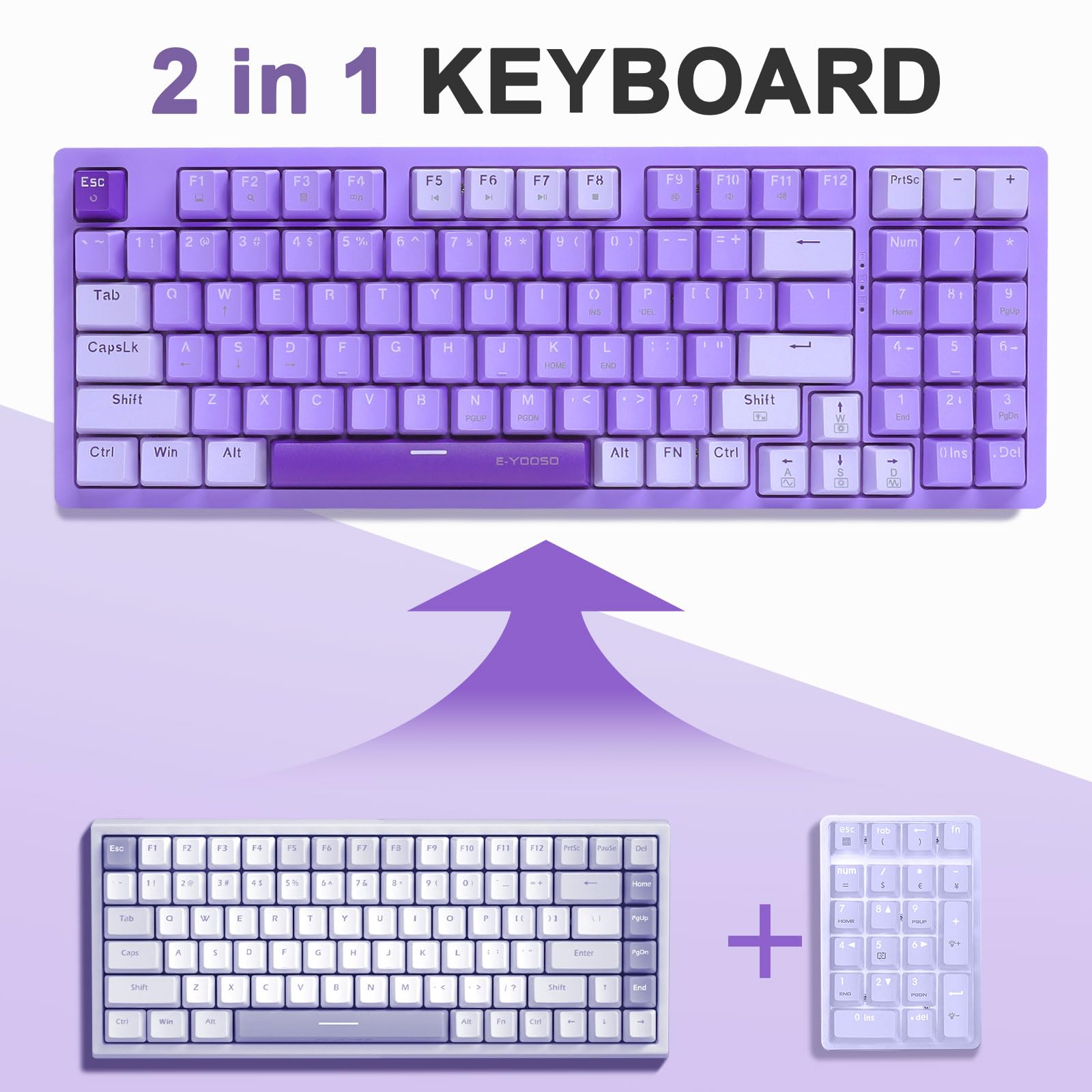 HUO JI Mechanical Gaming Keyboard USB Wired Compact with Number Pad, Purple Led Backlit, Red Switch, Detachable Type C Cable, 94 Keys for PC/Computer/Laptop, Purple and White