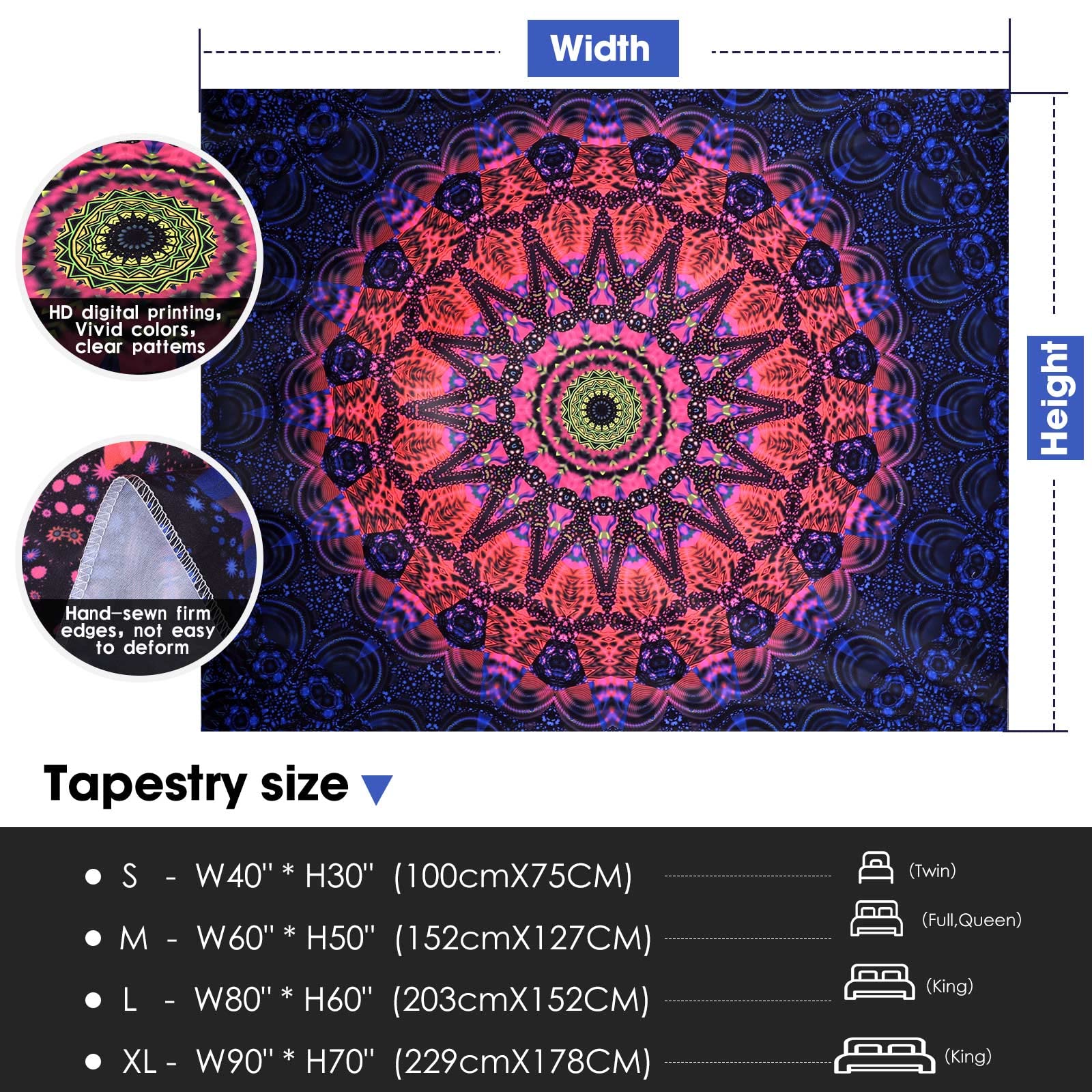 ADDWel Blacklight Mandala Boho Tapestry Glow In The Dark, Black Light Bohemian Hippie Poster Wall Hanging for Bedroom Aesthetic Wall and Room Decor (30" x 40", Mandala)