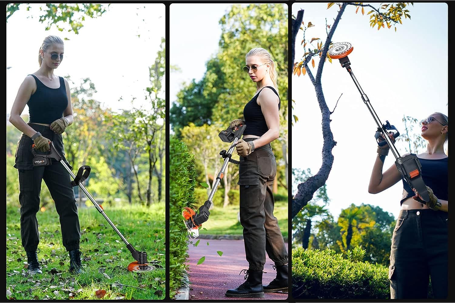 Cordless String Trimmer Weed Wacker Battery Powered 3 in 1Electric Weed Wacker with 2 Battery, Charger, 10 Plastic Blades, 4 Stainless Steel Blades, 2 Round Metal Saw Blades, and Wheels, 3.9lb