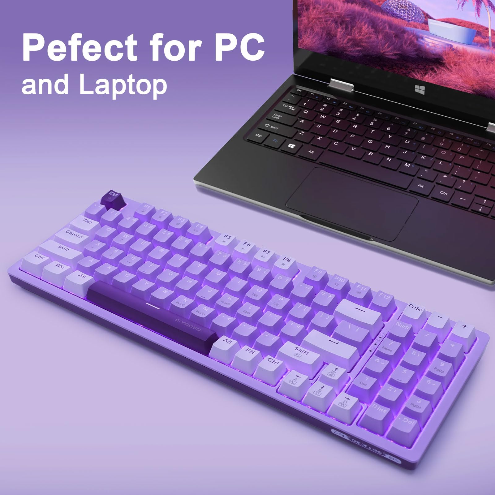HUO JI Mechanical Gaming Keyboard USB Wired Compact with Number Pad, Purple Led Backlit, Red Switch, Detachable Type C Cable, 94 Keys for PC/Computer/Laptop, Purple and White