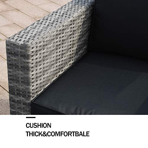 Polar Aurora 6pcs Patio Furniture Set PE Gray Rattan Wicker Sectional Outdoor Sofa Set Outside Couch w/Black Washable Seat Cushions & Modern Glass Coffee Table