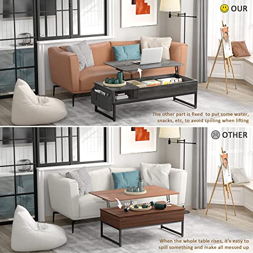Aheaplus Lift Top Coffee Table with Storage, Wood Lifting Top Central Table Metal Frame, 43.3" Lift Tabletop Tea Table with Side Pouch, Cocktail Table Modern Pop up Adjustable Table for Living Room