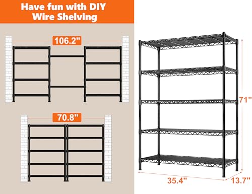 REIBII 71" W Storage Shelves,Wire Shelving Units Metal Shelves for Storage, 5 Tier Adjustable Garage Shelving Heavy Duty Storage Rack Pantry Shelf Kitchen Shelving 2PC,71''H X35.4''W X13.7''D