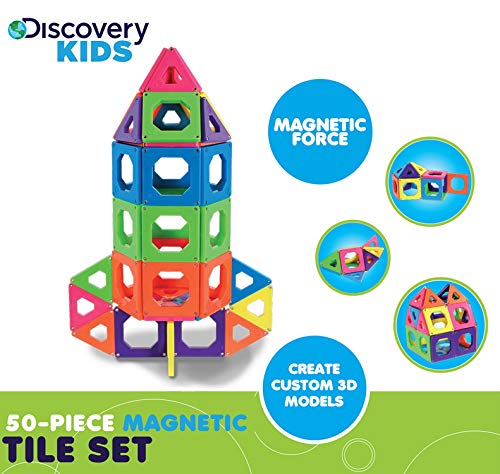 Discovery Kids 50-Piece Magnetic Building Tiles Construction Set in 6 Colors with Storage Bag, Educational Learning Toy Safe For kids 4 5 6 7 8 9 10