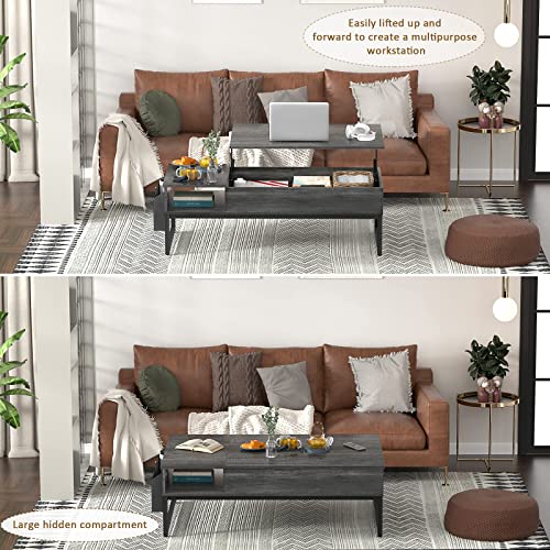 Aheaplus Lift Top Coffee Table with Storage, Wood Lifting Top Central Table Metal Frame, 43.3" Lift Tabletop Tea Table with Side Pouch, Cocktail Table Modern Pop up Adjustable Table for Living Room
