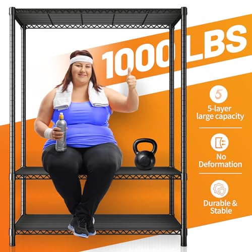 REIBII 71" W Storage Shelves,Wire Shelving Units Metal Shelves for Storage, 5 Tier Adjustable Garage Shelving Heavy Duty Storage Rack Pantry Shelf Kitchen Shelving 2PC,71''H X35.4''W X13.7''D