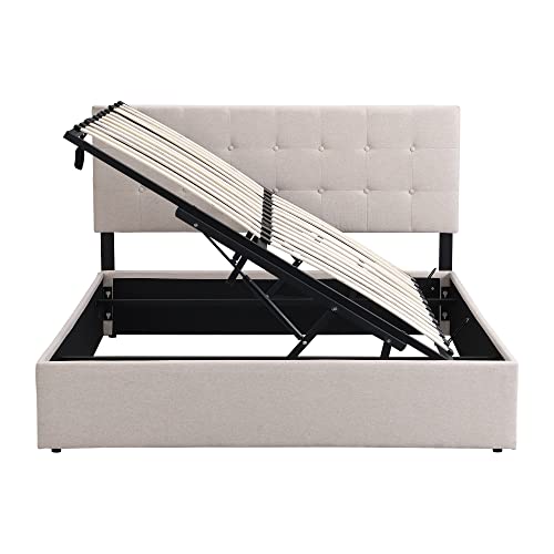 Contemporary Linen Upholstered Platform Bed Mattress Foundation w/Button Tufted Headboard&Slats for Adult,Low Panel Bedframe w/Gas Lift up Storage Space&Wooden Slats,No Box Spring Needed (Beige,Queen)