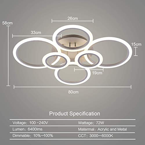 OUQI LED Ceiling Light,Vander Life 72W LED Ceiling Lamp 6400LM White 6 Rings Lighting Fixture for Living Room,Bedroom,Dining Room,Dimmable Remote Control,3 Color
