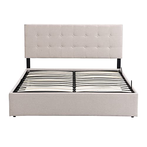 Contemporary Linen Upholstered Platform Bed Mattress Foundation w/Button Tufted Headboard&Slats for Adult,Low Panel Bedframe w/Gas Lift up Storage Space&Wooden Slats,No Box Spring Needed (Beige,Queen)