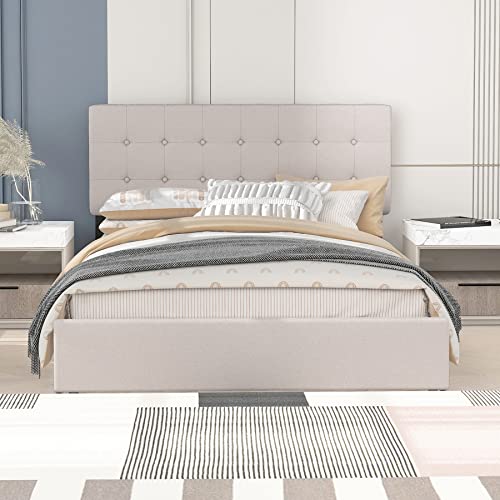Contemporary Linen Upholstered Platform Bed Mattress Foundation w/Button Tufted Headboard&Slats for Adult,Low Panel Bedframe w/Gas Lift up Storage Space&Wooden Slats,No Box Spring Needed (Beige,Queen)