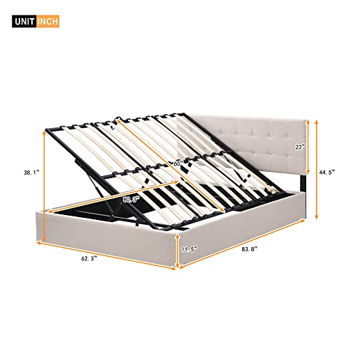 Contemporary Linen Upholstered Platform Bed Mattress Foundation w/Button Tufted Headboard&Slats for Adult,Low Panel Bedframe w/Gas Lift up Storage Space&Wooden Slats,No Box Spring Needed (Beige,Queen)