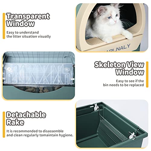 VARLNALY 3.0 Large Self-Cleaning Cat Litter Box, Pull-Out Non-Electric Automatic Cat Litter Box with Lid(24PCS Trash Box), One-Piece Base Prevents Urine&Litter Leakage, Enclosed Isolates Odor(Green)