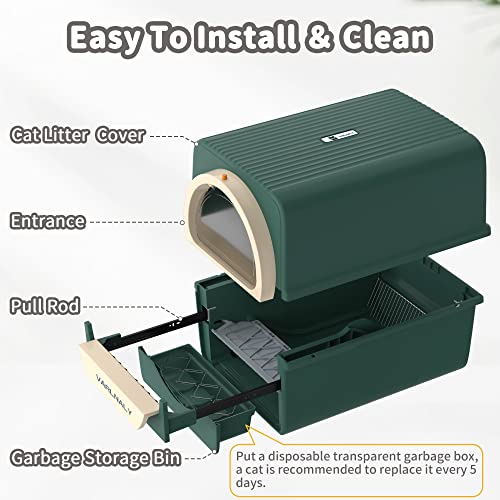 VARLNALY 3.0 Large Self-Cleaning Cat Litter Box, Pull-Out Non-Electric Automatic Cat Litter Box with Lid(24PCS Trash Box), One-Piece Base Prevents Urine&Litter Leakage, Enclosed Isolates Odor(Green)