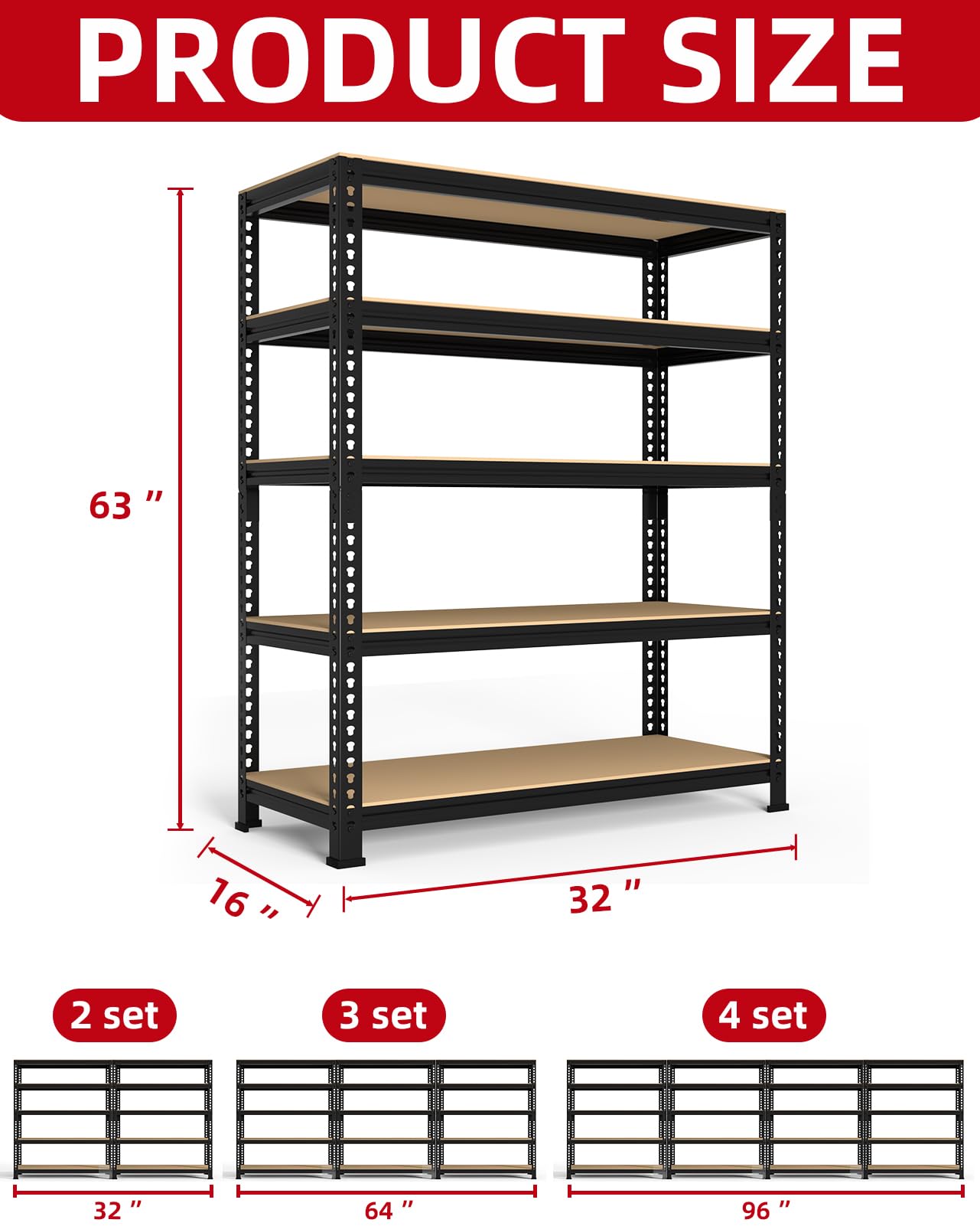 PrimeZone 32" W x 16" D x 63" H Storage Shelves - 5 Tier Adjustable Garage Storage Shelving, Heavy Duty Metal Storage Utility Rack Shelf Unit for Warehouse Pantry Closet Kitchen, Black