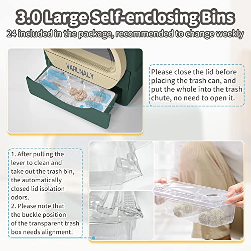 VARLNALY 3.0 Large Self-Cleaning Cat Litter Box, Pull-Out Non-Electric Automatic Cat Litter Box with Lid(24PCS Trash Box), One-Piece Base Prevents Urine&Litter Leakage, Enclosed Isolates Odor(Green)