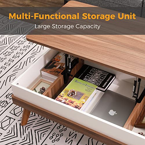 Bidiso Lift Top Coffee Table, Easy-to-Assembly Center Table with Hidden Storage Compartment, Modern Lift Tabletop Dining Table for Living Room Reception/Home Office, Walnut