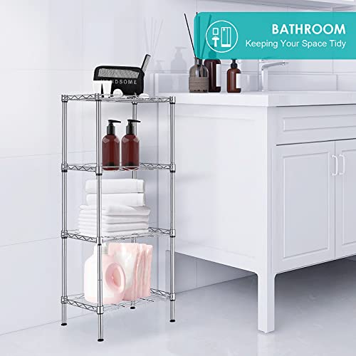 4 Tier Wire Shelving Unit, Height Adjustable Wire Shelves with 264 LBS Capacity, Metal Storage Rack Organizer for Laundry, Kitchen, Bathroom, Pantry, Closet (9.8"D x 13.7"W x 31.5"H, Silver)
