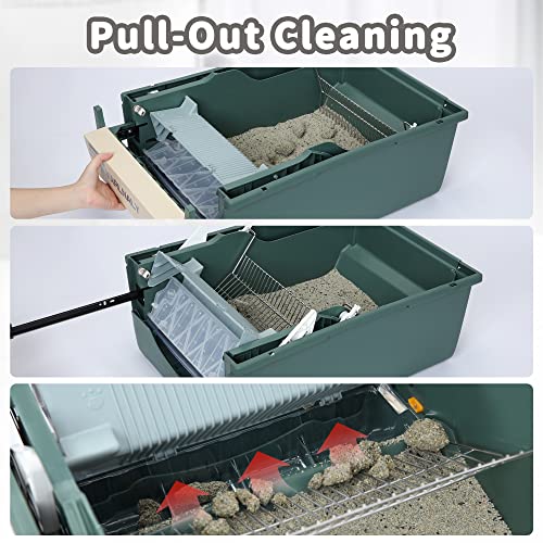 VARLNALY 3.0 Large Self-Cleaning Cat Litter Box, Pull-Out Non-Electric Automatic Cat Litter Box with Lid(24PCS Trash Box), One-Piece Base Prevents Urine&Litter Leakage, Enclosed Isolates Odor(Green)