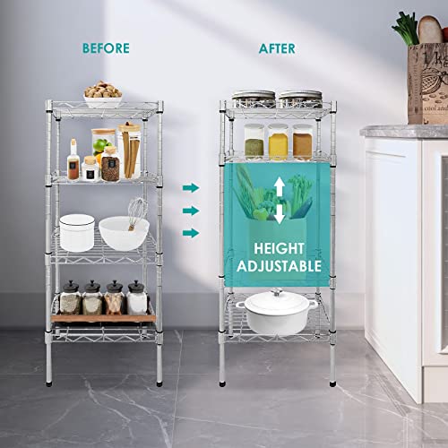 4 Tier Wire Shelving Unit, Height Adjustable Wire Shelves with 264 LBS Capacity, Metal Storage Rack Organizer for Laundry, Kitchen, Bathroom, Pantry, Closet (9.8"D x 13.7"W x 31.5"H, Silver)