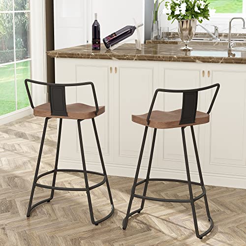 Yongqiang 24" Swivel Metal Bar Stools with Backs Set of 2 Industrial Kitchen Dining Bar Chairs with Wood Seat Matte Black