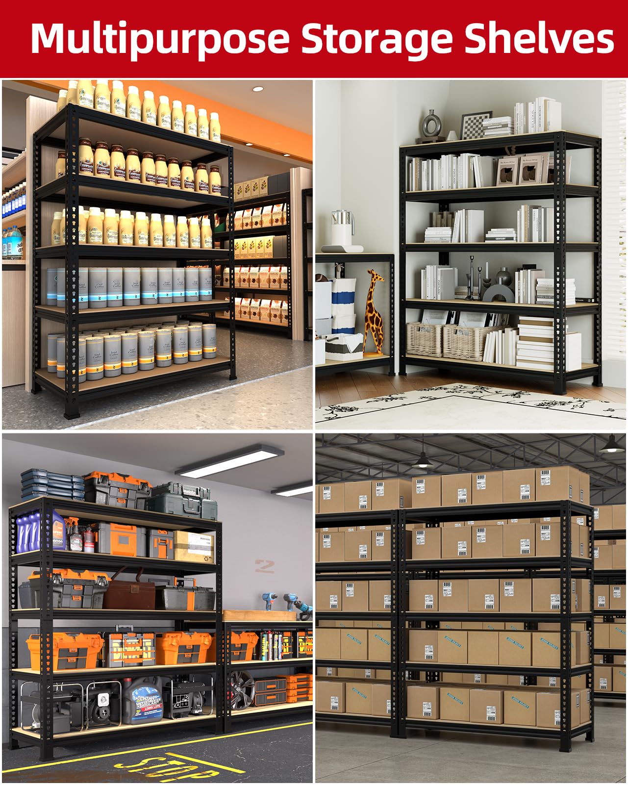 PrimeZone 32" W x 16" D x 63" H Storage Shelves - 5 Tier Adjustable Garage Storage Shelving, Heavy Duty Metal Storage Utility Rack Shelf Unit for Warehouse Pantry Closet Kitchen, Black