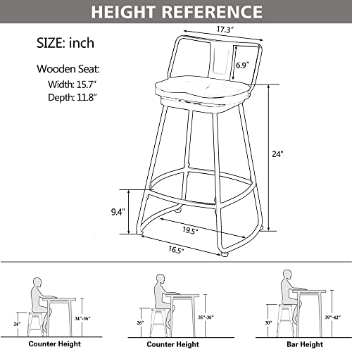 Yongqiang 24" Swivel Metal Bar Stools with Backs Set of 2 Industrial Kitchen Dining Bar Chairs with Wood Seat Matte Black