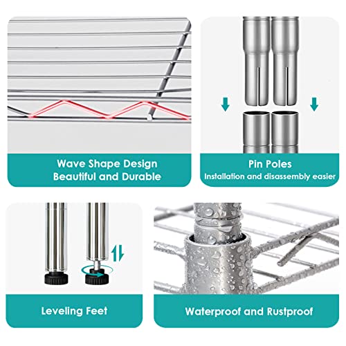 4 Tier Wire Shelving Unit, Height Adjustable Wire Shelves with 264 LBS Capacity, Metal Storage Rack Organizer for Laundry, Kitchen, Bathroom, Pantry, Closet (9.8"D x 13.7"W x 31.5"H, Silver)