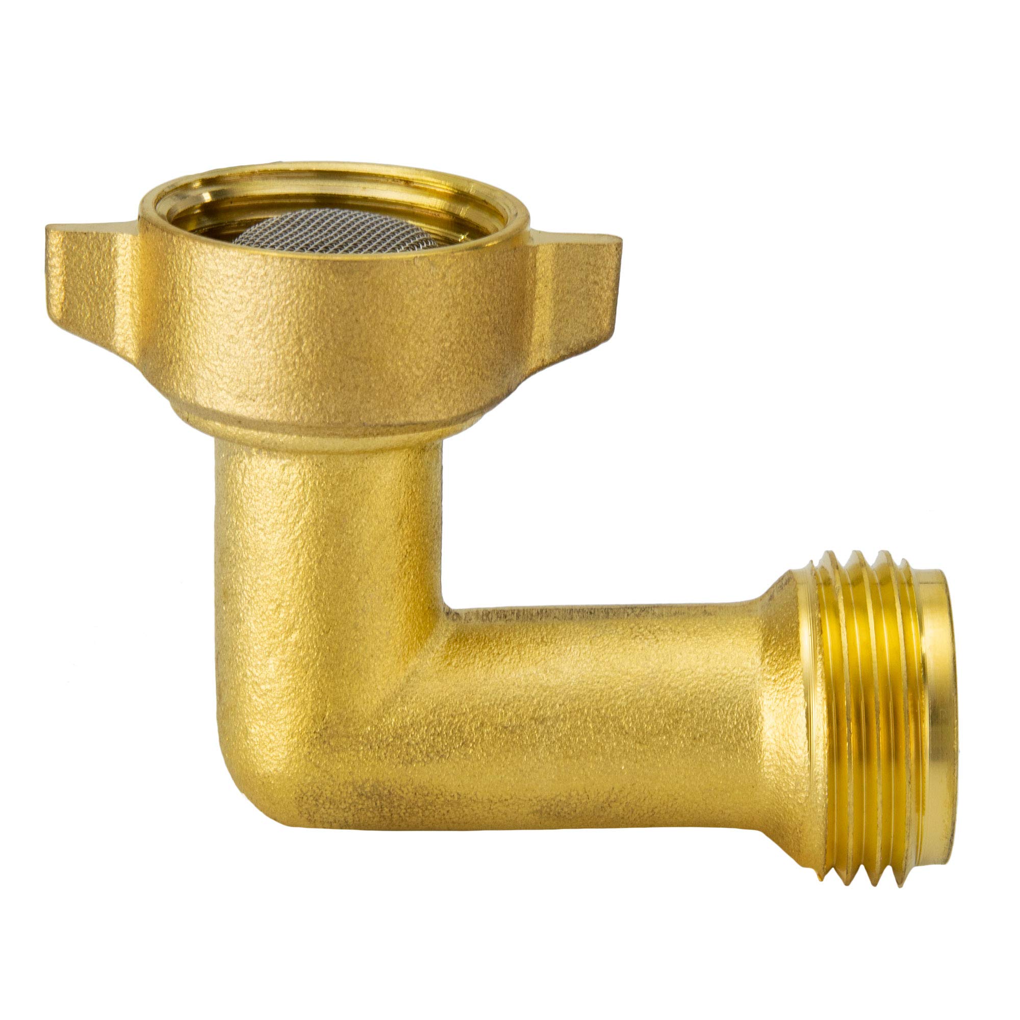 RecPro RV 90 Degree Hose Elbow with Mesh Strainer | Solid Brass Garden Hose Elbow Adapter for RV Water Hose | City Water Inlet Elbow Fitting | Prevents Hose Crimping and Strain