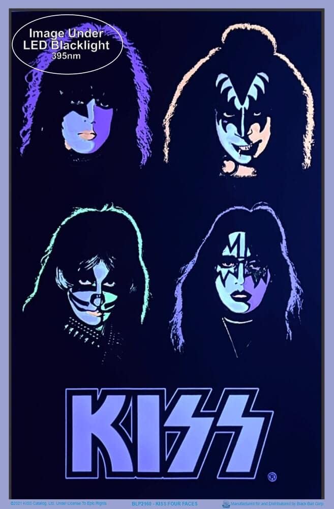 KISS - Four Faces - Officially Licensed, Authentic Blacklight Flocked Poster - 23" x 35"