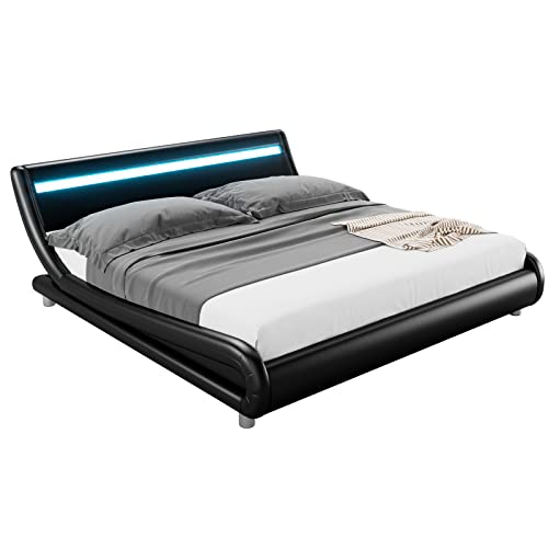 Keyluv Queen Upholstered Smart LED Bed Frame with Headboard, Durable Sleigh Low Profile Platform Bed, Color Changing with Music, App Control, Smart Bedroom Series, Black