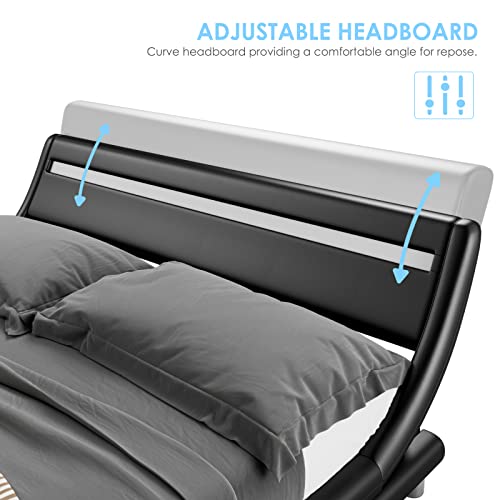 Keyluv Queen Upholstered Smart LED Bed Frame with Headboard, Durable Sleigh Low Profile Platform Bed, Color Changing with Music, App Control, Smart Bedroom Series, Black