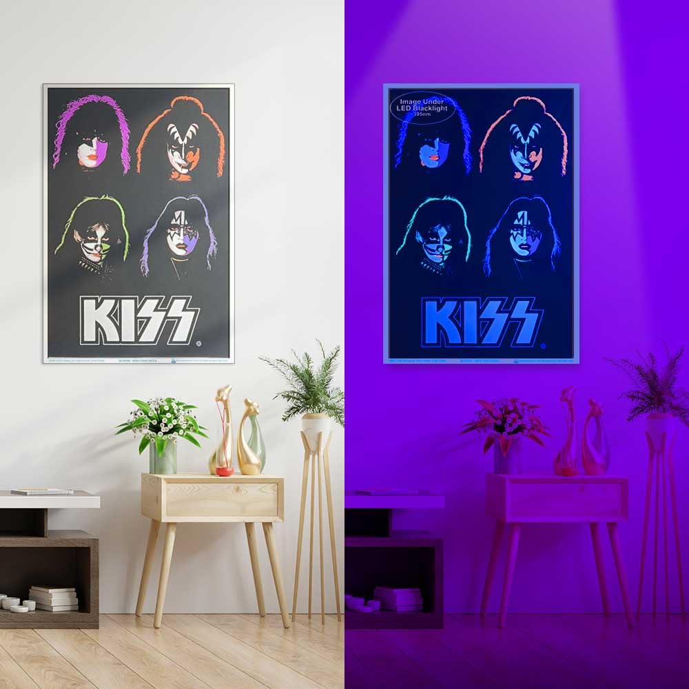 KISS - Four Faces - Officially Licensed, Authentic Blacklight Flocked Poster - 23" x 35"