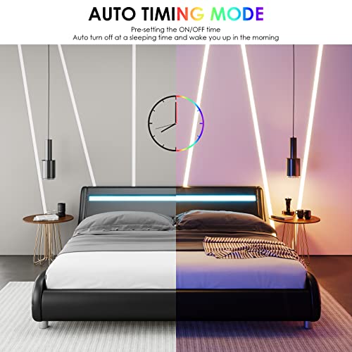 Keyluv Queen Upholstered Smart LED Bed Frame with Headboard, Durable Sleigh Low Profile Platform Bed, Color Changing with Music, App Control, Smart Bedroom Series, Black