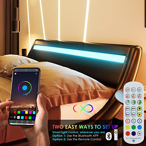 Keyluv Queen Upholstered Smart LED Bed Frame with Headboard, Durable Sleigh Low Profile Platform Bed, Color Changing with Music, App Control, Smart Bedroom Series, Black