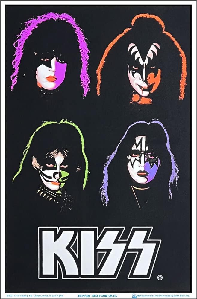 KISS - Four Faces - Officially Licensed, Authentic Blacklight Flocked Poster - 23" x 35"