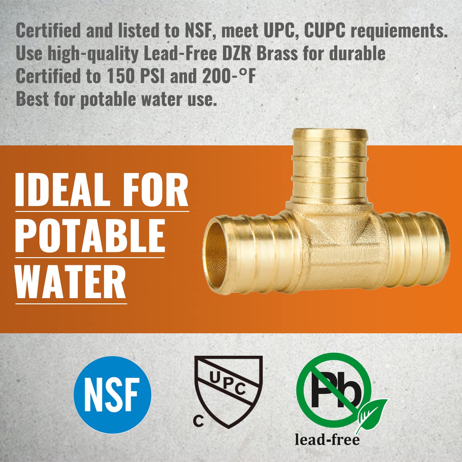 SUNGATOR 5-Pack 3/4" Pex Tee, No Lead Brass 3/4" Inch Pex T Fittings