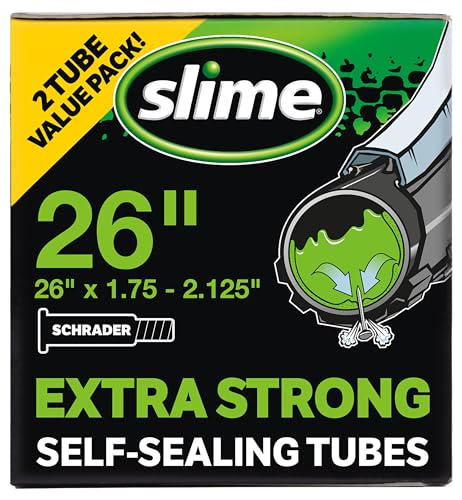 Slime 30074 Bike Inner Tubes with Slime Puncture Sealant, Extra Strong, Self Sealing, Prevent and Repair, Schrader Valve, 26"x1.75-2.125", Value 2-Pack
