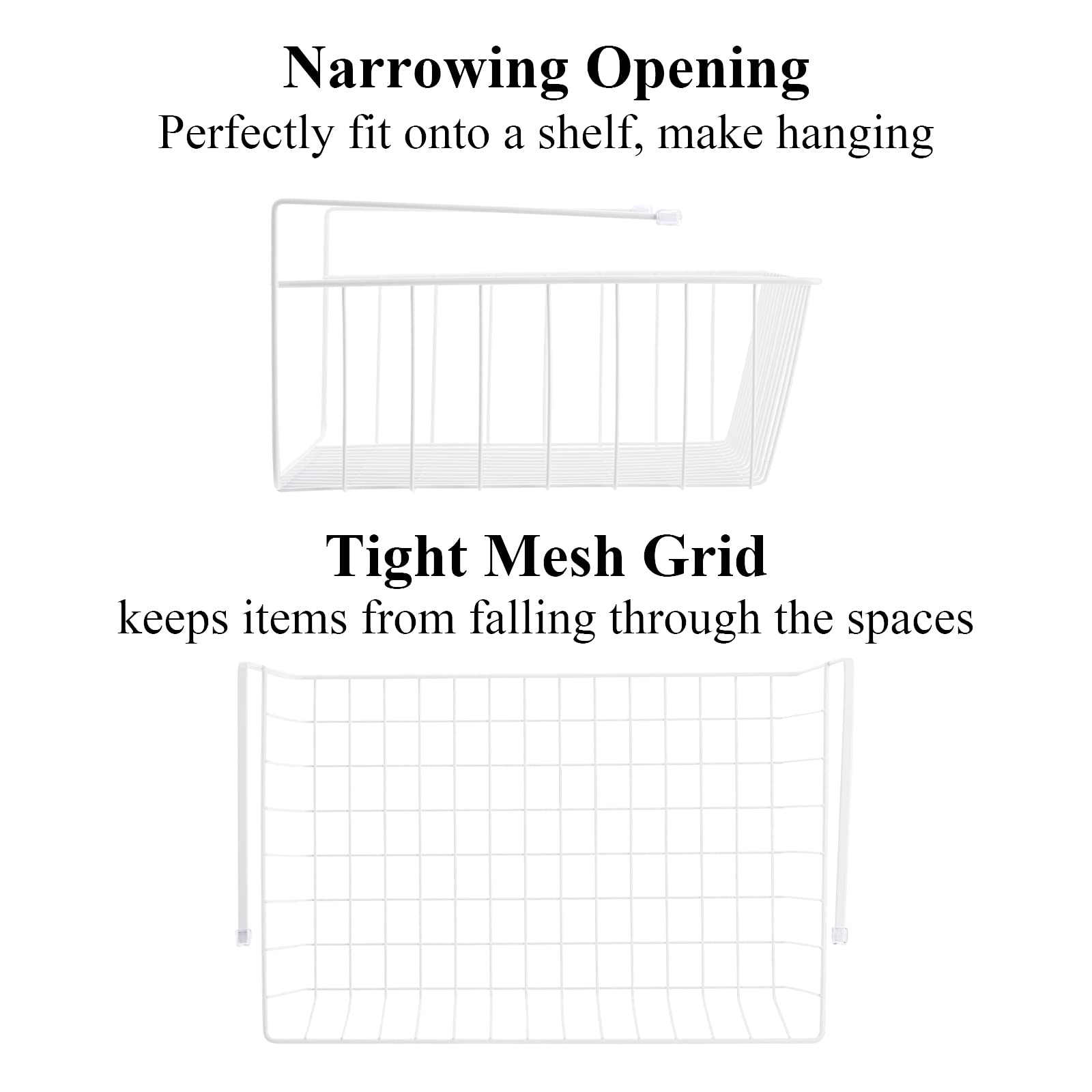 Tebery 4 Pack White Under Shelf Wire Basket Hanging Storage Baskets, Under Cabinet Add-on Storage Racks Slide-in Baskets Organizer for Kitchen Pantry Desk Bookshelf