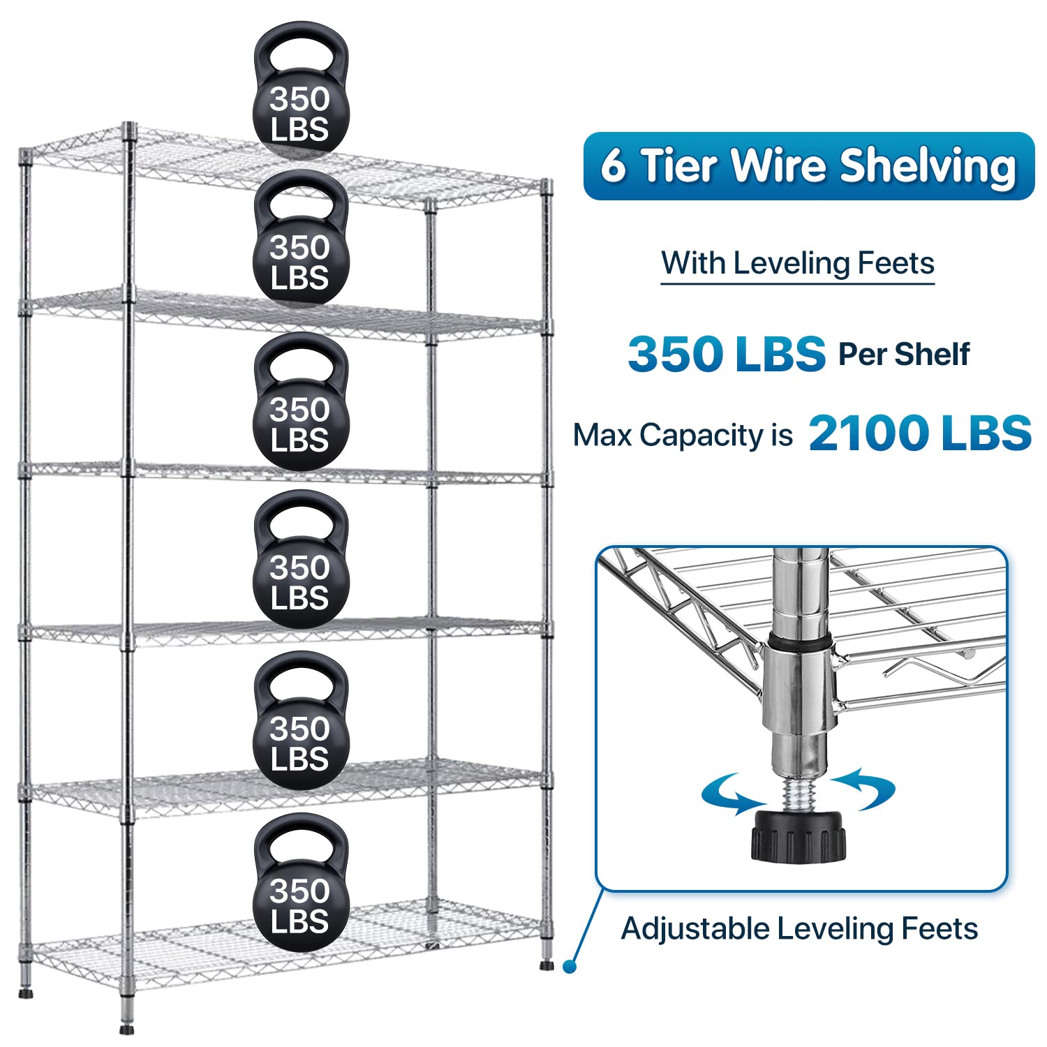 6 Tier Wire Shelving Unit Metal Storage Shelves w/Wheels, 350 Capacity Per Shelf, Heavy Duty Steel Garage Shelf, 48" L X 18" W X 82" H Pantry Kitchen Closet Racks