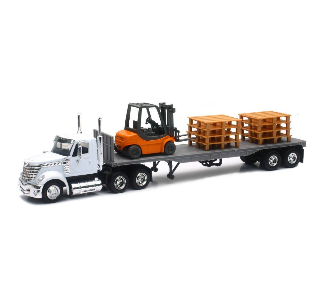 New Ray New 1:43 NEWRAY Truck & Trailer Collection - White Long HAUL Trucker International Lonestar Flatbed with Forklift and PALLETS Diecast Model Toys