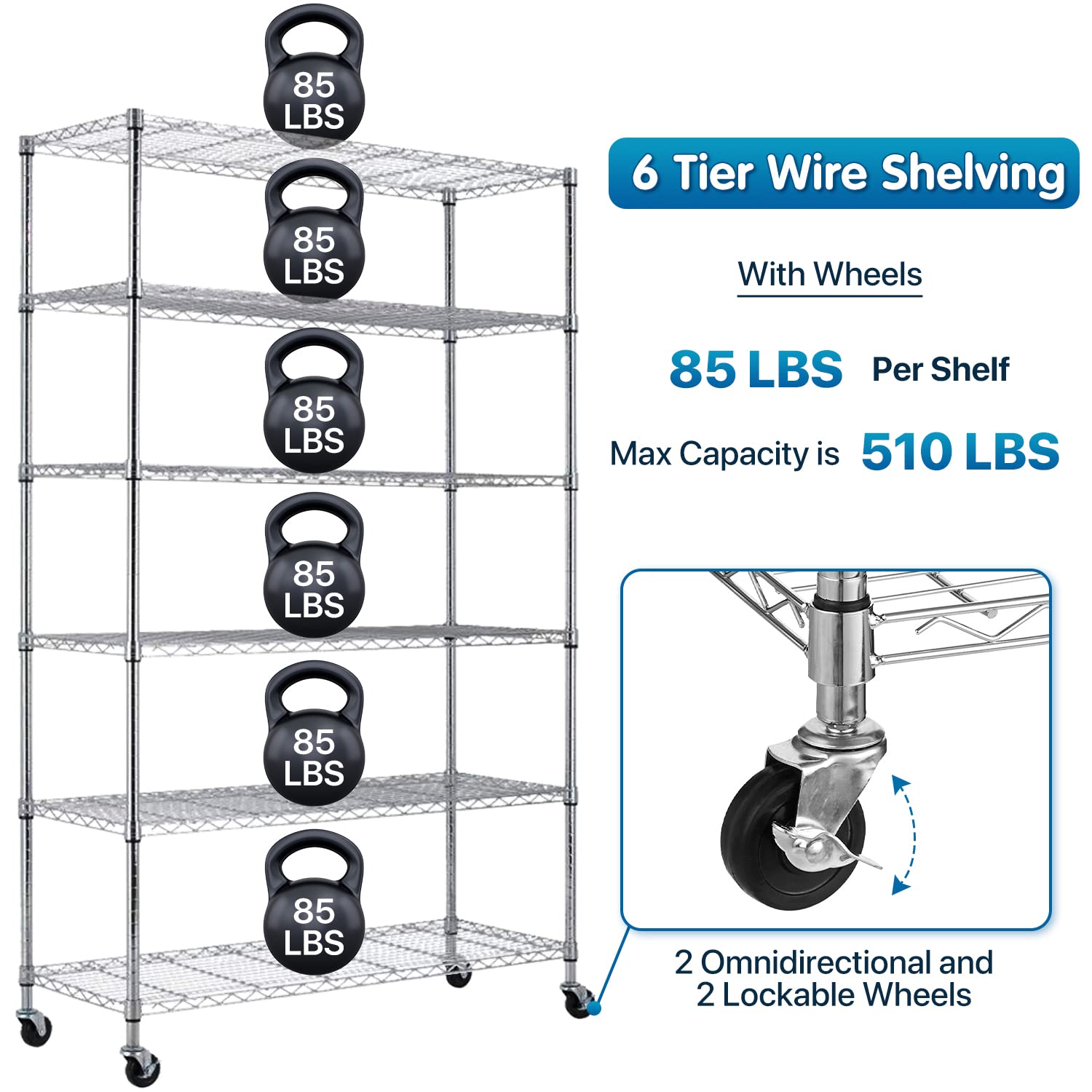6 Tier Wire Shelving Unit Metal Storage Shelves w/Wheels, 350 Capacity Per Shelf, Heavy Duty Steel Garage Shelf, 48" L X 18" W X 82" H Pantry Kitchen Closet Racks