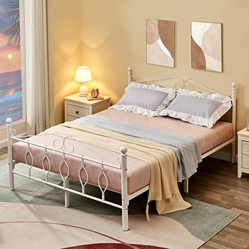 GreenForest Full Size Bed Frame with Headboard Heavy Duty Metal Platform Bed Frame with Underbed Storage No Box Spring Needed Mattress Foundation, White