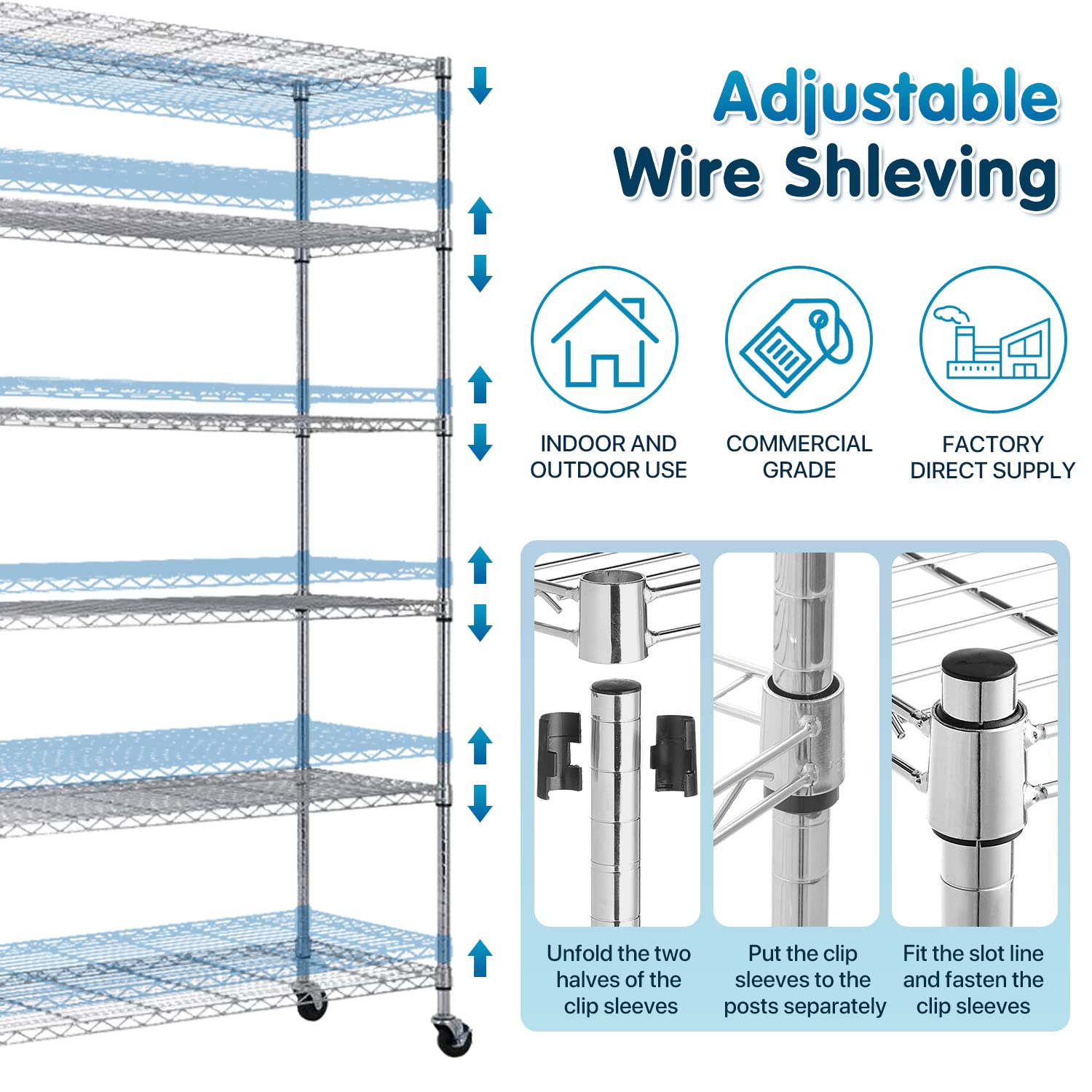6 Tier Wire Shelving Unit Metal Storage Shelves w/Wheels, 350 Capacity Per Shelf, Heavy Duty Steel Garage Shelf, 48" L X 18" W X 82" H Pantry Kitchen Closet Racks