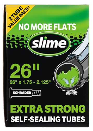 Slime 30074 Bike Inner Tubes with Slime Puncture Sealant, Extra Strong, Self Sealing, Prevent and Repair, Schrader Valve, 26"x1.75-2.125", Value 2-Pack