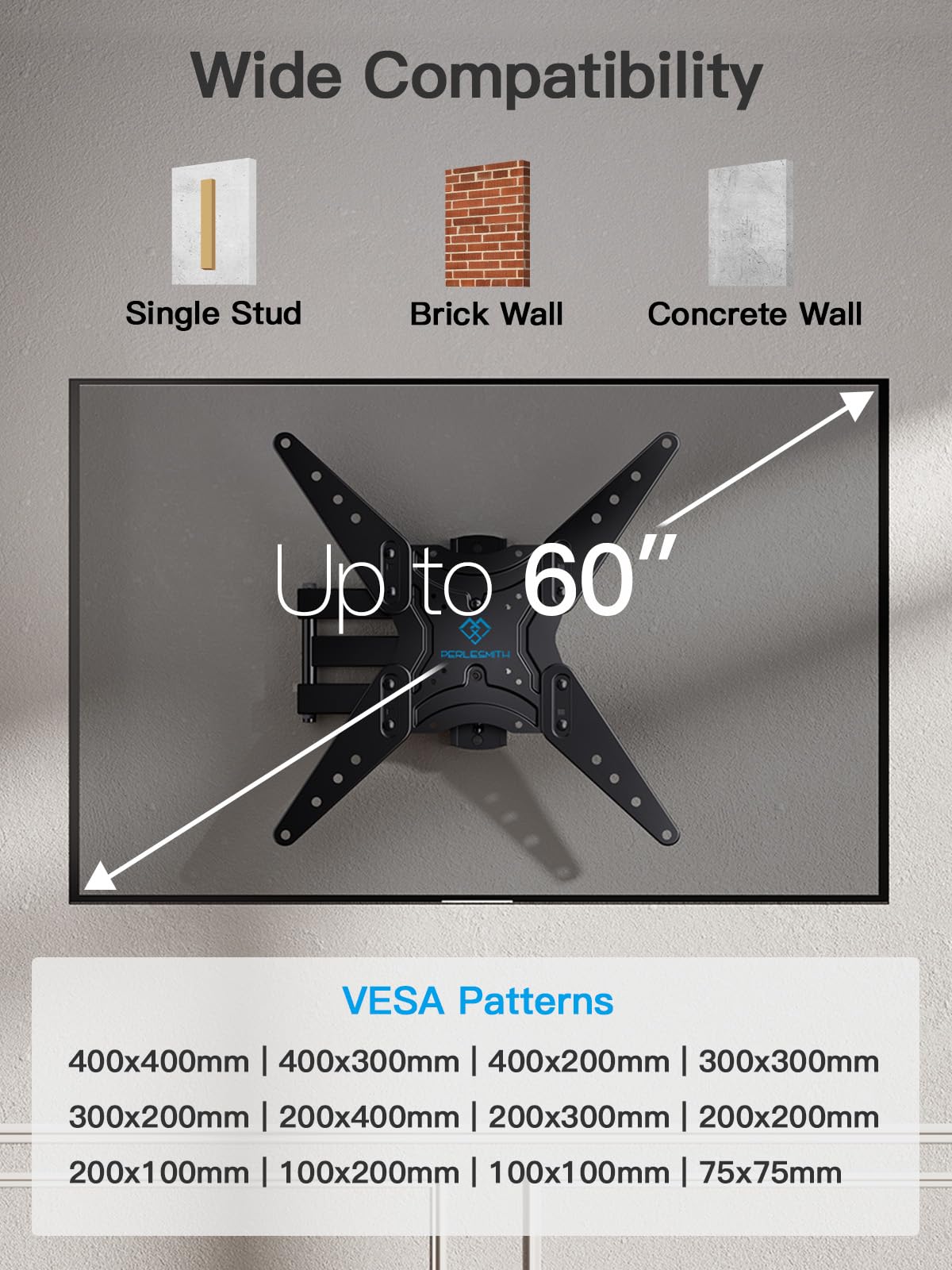 PERLESMITH Full Motion TV Wall Mount for 26-55 Inch TVs with Articulating Arms Swivels Tilt Extension - Wall Mount TV Brackets VESA 400x400 Fits LED LCD OLED 4K TVs Up to 70 lbs