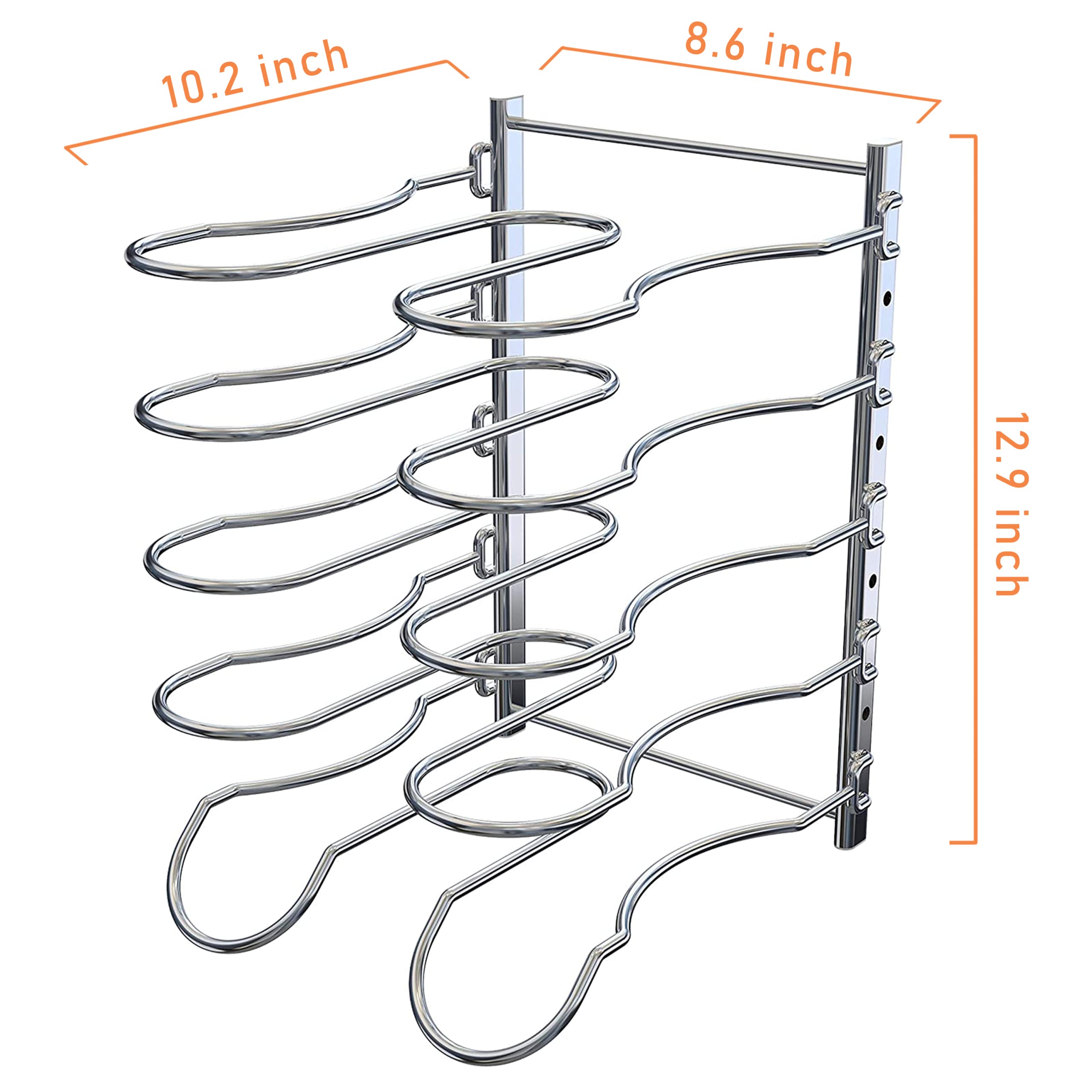 CAXXA Heavy Duty Pan Rack, Pot Lid Rack, Kitchen Cabinet Pantry Cookware Organizer Rack Holder | 5 Adjustable Dividers, Chrome