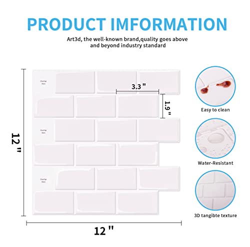 Art3d 10-Sheet Peel and Stick Tile Backsplash - 12"x12" Premium Kitchen Backsplash Peel and Stick Tile, White