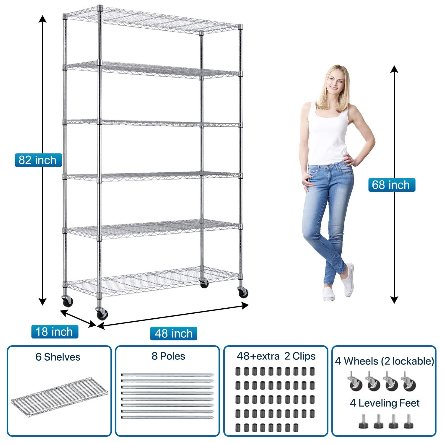 6 Tier Wire Shelving Unit Metal Storage Shelves w/Wheels, 350 Capacity Per Shelf, Heavy Duty Steel Garage Shelf, 48" L X 18" W X 82" H Pantry Kitchen Closet Racks